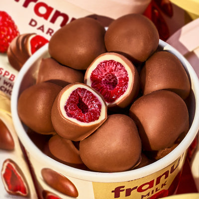 Franui - Fresh frozen raspberries dipped in White and Milk Chocolate x ...