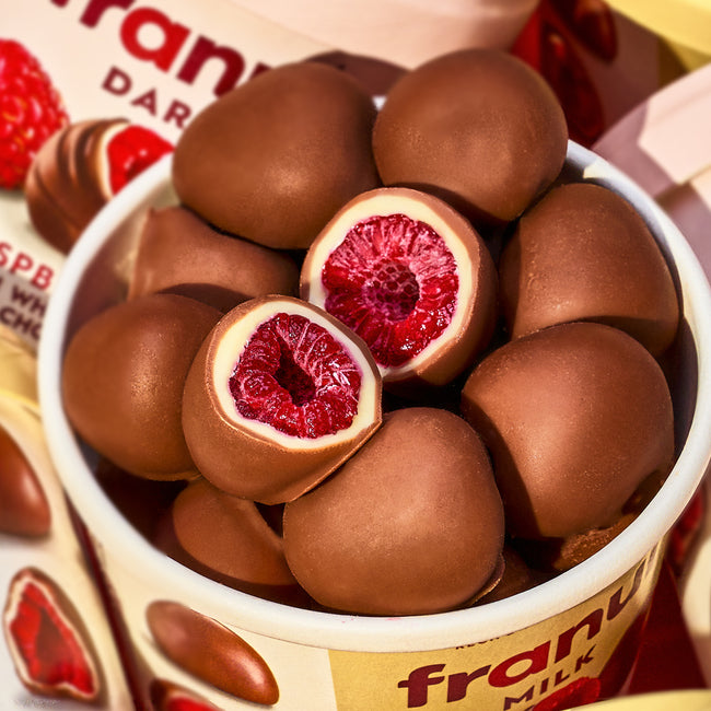 Franui - Fresh frozen raspberries dipped in White and Milk Chocolate x ...